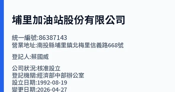 埔里加油站股份有限公司的照片-統編 86387143(南投縣) 公司登記資料與營業項目詳細圖表