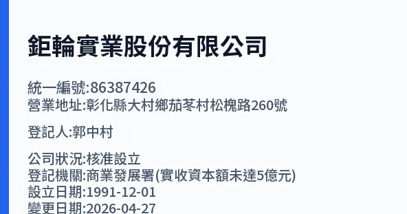 鉅輪實業股份有限公司的照片-統編 86387426(彰化縣) 公司登記資料與營業項目詳細圖表