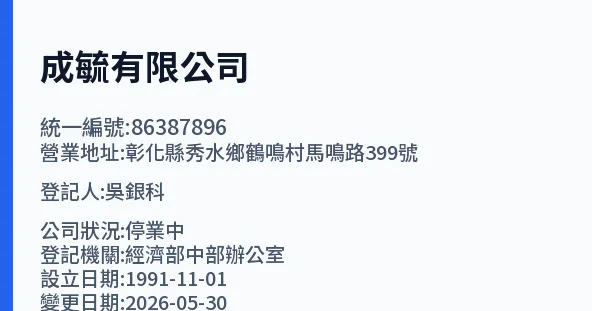 成毓有限公司的照片-統編 86387896(彰化縣) 公司登記資料與營業項目詳細圖表