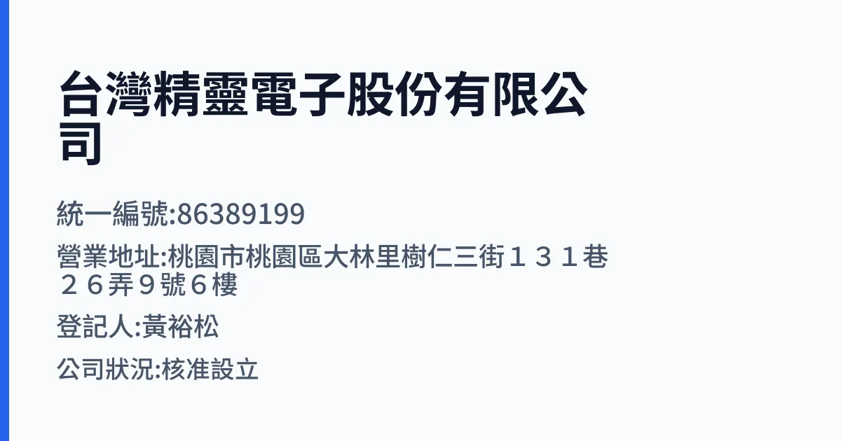 台灣精靈電子股份有限公司 - 統編 86389199(桃園市) 公司登記資料與營業項目詳細圖表