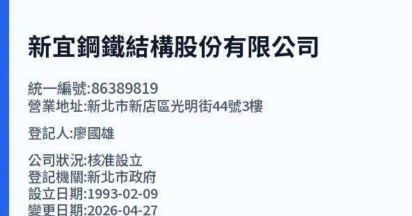 新宜鋼鐵結構股份有限公司的照片-統編 86389819(新北市) 公司登記資料與營業項目詳細圖表