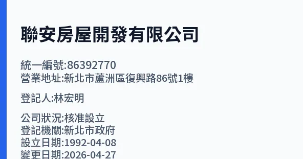 聯安房屋開發有限公司的照片-統編 86392770(新北市) 公司登記資料與營業項目詳細圖表