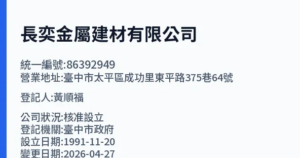 長奕金屬建材有限公司的照片-統編 86392949(臺中市) 公司登記資料與營業項目詳細圖表