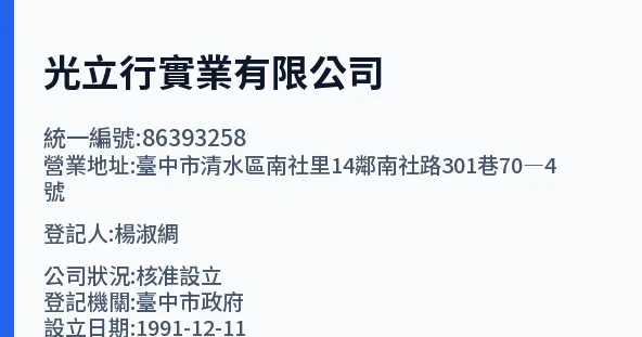 光立行實業有限公司的照片-統編 86393258(臺中市) 公司登記資料與營業項目詳細圖表