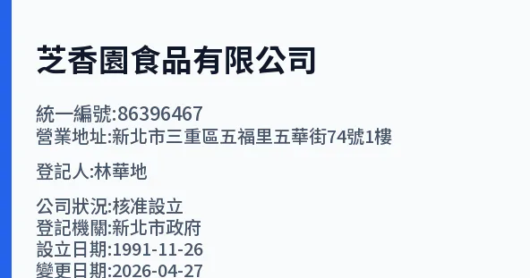 芝香園食品有限公司的照片-統編 86396467(新北市) 公司登記資料與營業項目詳細圖表