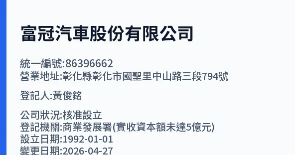 富冠汽車股份有限公司的照片-統編 86396662(彰化縣) 公司登記資料與營業項目詳細圖表