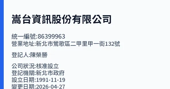 嵩台資訊股份有限公司的照片-統編 86399963(新北市) 公司登記資料與營業項目詳細圖表