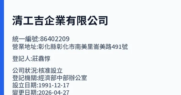 清工吉企業有限公司的照片-統編 86402209(彰化縣) 公司登記資料與營業項目詳細圖表