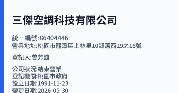 三傑空調科技有限公司的照片-統編 86404446(桃園市) 公司登記資料與營業項目詳細圖表