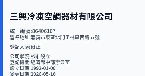 三興冷凍空調器材有限公司的照片-統編 86406107(嘉義市) 公司登記資料與營業項目詳細圖表