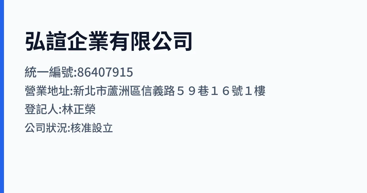 弘諠企業有限公司 - 統編 86407915(新北市) 公司登記資料與營業項目詳細圖表