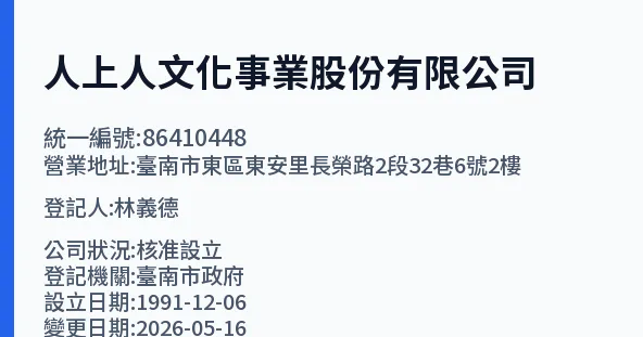 人上人文化事業股份有限公司的照片-統編 86410448(臺南市) 公司登記資料與營業項目詳細圖表