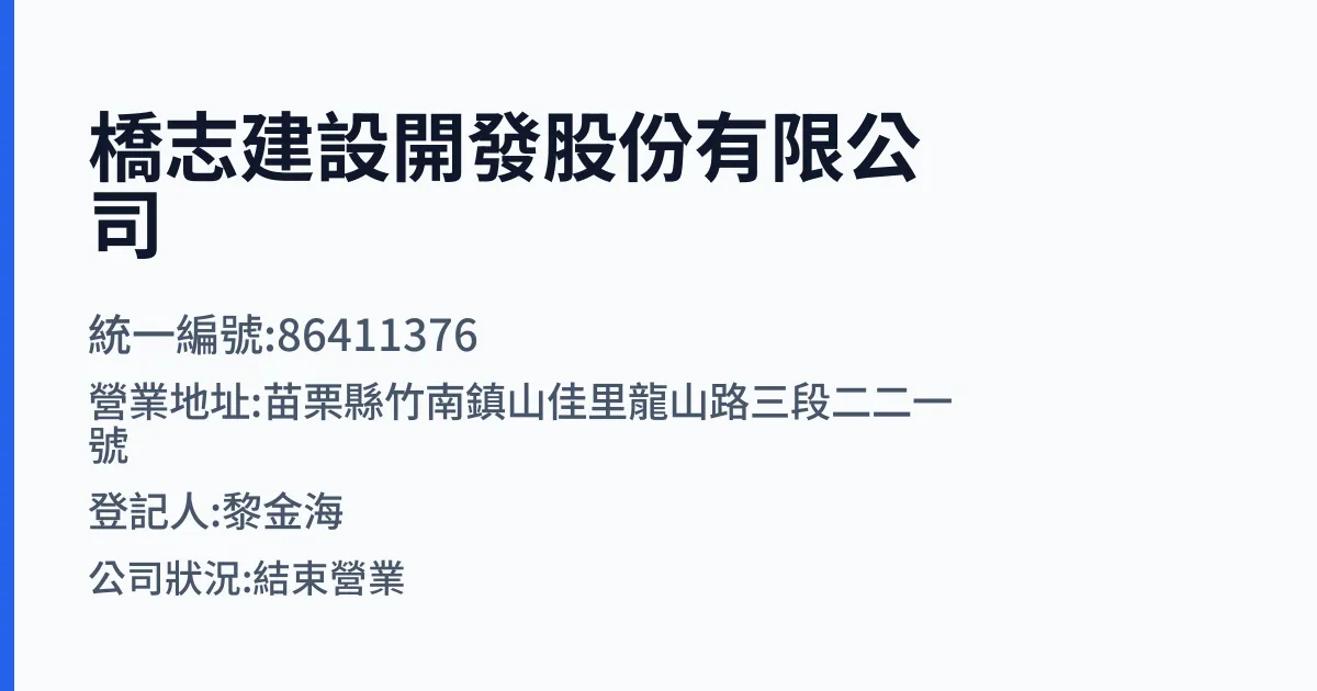 橋志建設開發股份有限公司 - 統編 86411376(苗栗縣) 公司登記資料與營業項目詳細圖表