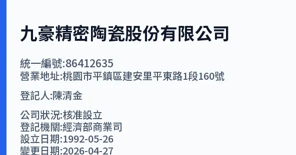 九豪精密陶瓷股份有限公司的照片-統編 86412635(桃園市) 公司登記資料與營業項目詳細圖表