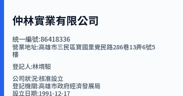 仲林實業有限公司的照片-統編 86418336(高雄市) 公司登記資料與營業項目詳細圖表