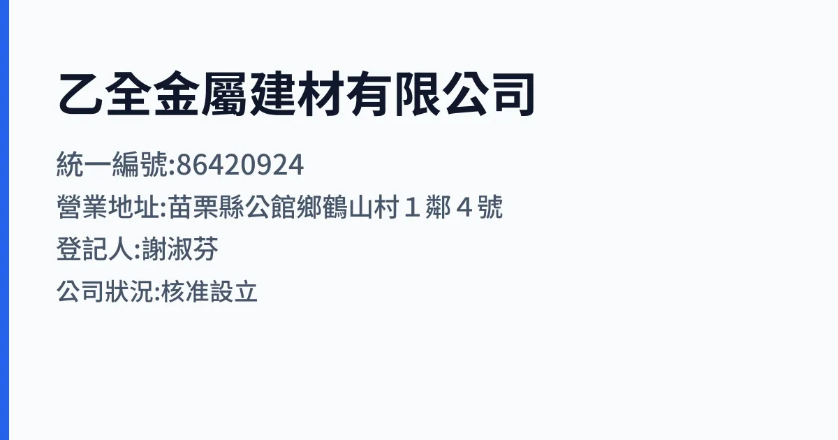 乙全金屬建材有限公司 - 統編 86420924(苗栗縣) 公司登記資料與營業項目詳細圖表