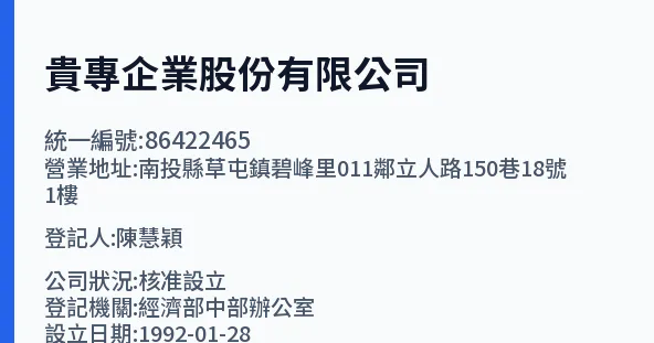 貴專企業股份有限公司的照片-統編 86422465(南投縣) 公司登記資料與營業項目詳細圖表