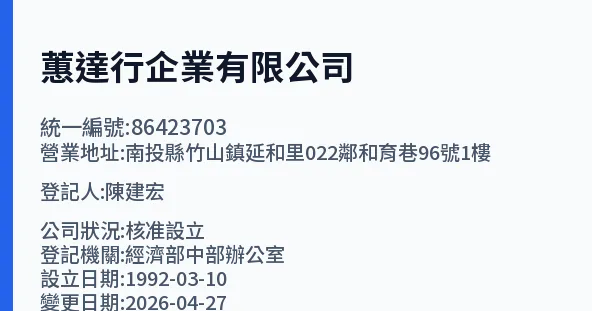 蕙達行企業有限公司的照片-統編 86423703(南投縣) 公司登記資料與營業項目詳細圖表