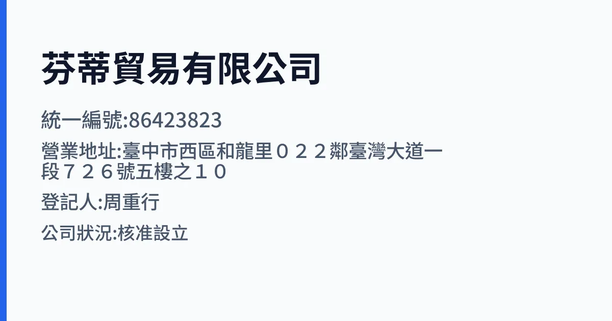 芬蒂貿易有限公司 - 統編 86423823(臺中市) 公司登記資料與營業項目詳細圖表