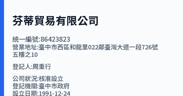 芬蒂貿易有限公司的照片-統編 86423823(臺中市) 公司登記資料與營業項目詳細圖表