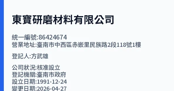 東寶研磨材料有限公司的照片-統編 86424674(臺南市) 公司登記資料與營業項目詳細圖表