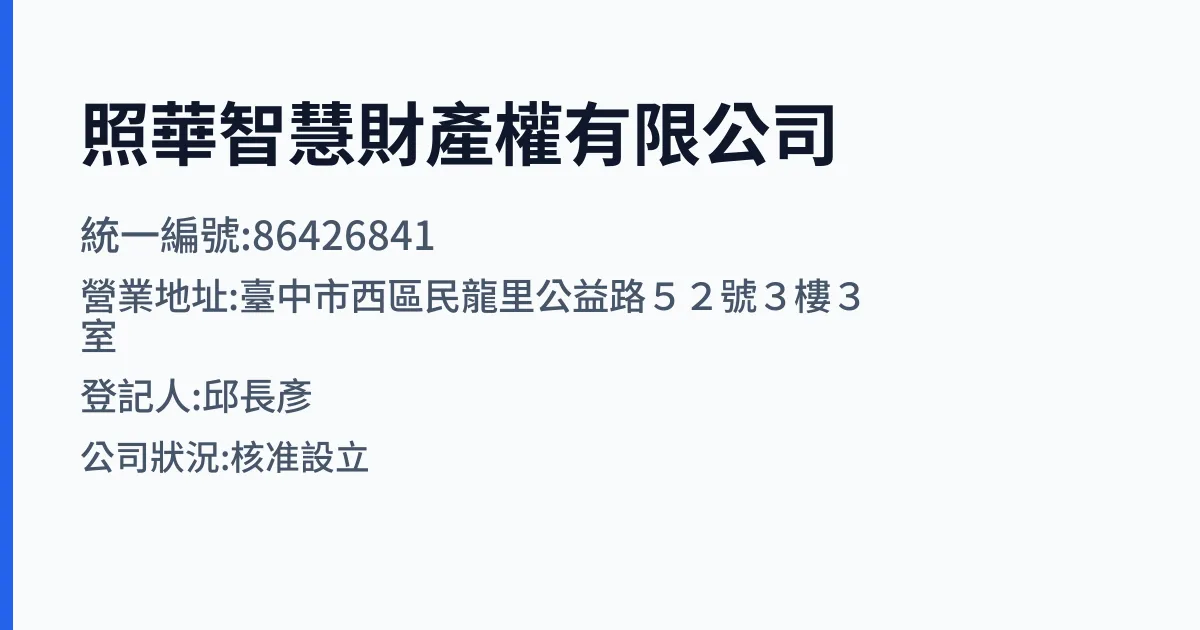 照華智慧財產權有限公司 - 統編 86426841(臺中市) 公司登記資料與營業項目詳細圖表