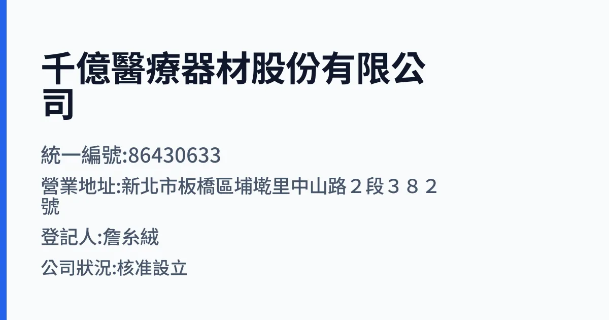 千億醫療器材股份有限公司 - 統編 86430633(新北市) 公司登記資料與營業項目詳細圖表