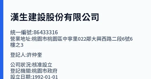 漢生建設股份有限公司的照片-統編 86433316(桃園市) 公司登記資料與營業項目詳細圖表