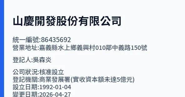 山慶開發股份有限公司的照片-統編 86435692(嘉義縣) 公司登記資料與營業項目詳細圖表
