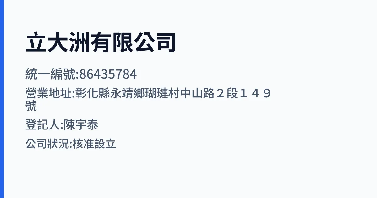 立大洲有限公司 - 統編 86435784(彰化縣) 公司登記資料與營業項目詳細圖表