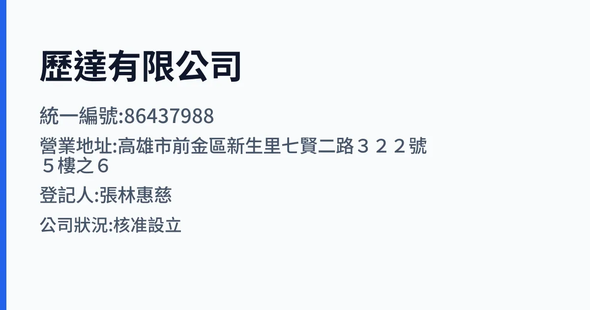 歷達有限公司 - 統編 86437988(高雄市) 公司登記資料與營業項目詳細圖表