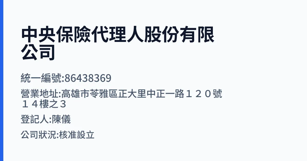 中央保險代理人股份有限公司 - 統編 86438369(高雄市) 公司登記資料與營業項目詳細圖表