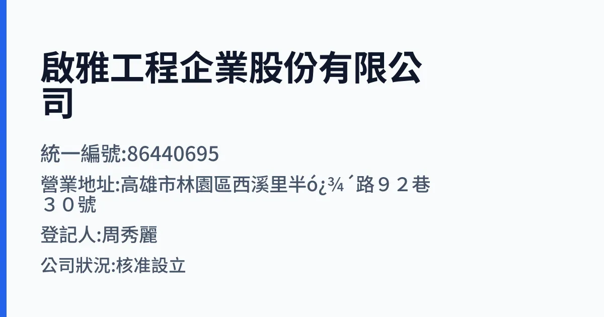 啟雅工程企業股份有限公司 - 統編 86440695(高雄市) 公司登記資料與營業項目詳細圖表