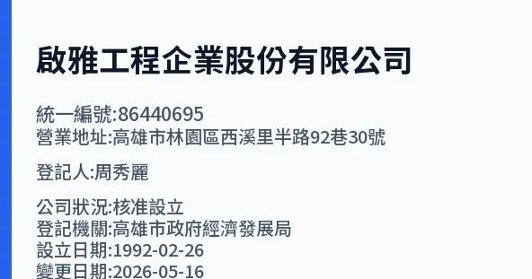 啟雅工程企業股份有限公司的照片-統編 86440695(高雄市) 公司登記資料與營業項目詳細圖表