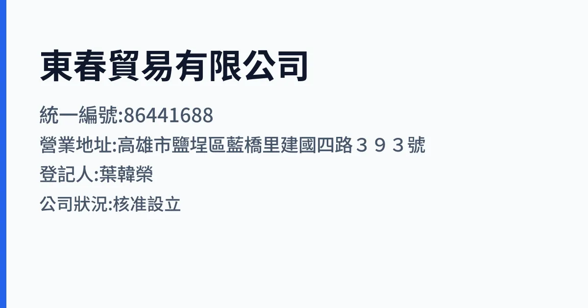 東春貿易有限公司 - 統編 86441688(高雄市) 公司登記資料與營業項目詳細圖表