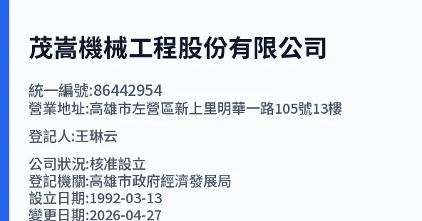 茂嵩機械工程股份有限公司的照片-統編 86442954(高雄市) 公司登記資料與營業項目詳細圖表