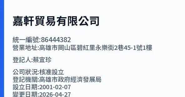 嘉軒貿易有限公司的照片-統編 86444382(高雄市) 公司登記資料與營業項目詳細圖表