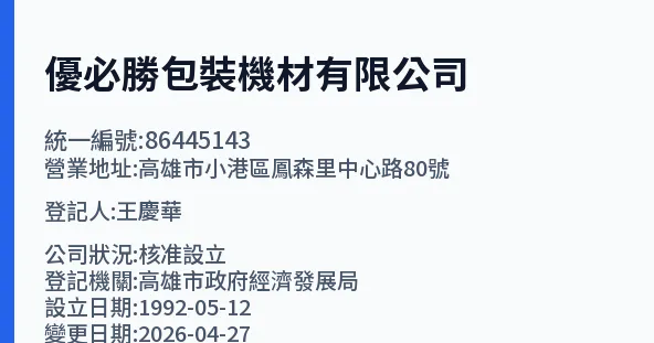 優必勝包裝機材有限公司的照片-統編 86445143(高雄市) 公司登記資料與營業項目詳細圖表