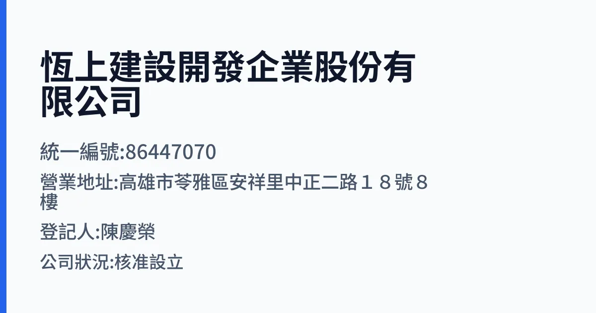 恆上建設開發企業股份有限公司 - 統編 86447070(高雄市) 公司登記資料與營業項目詳細圖表