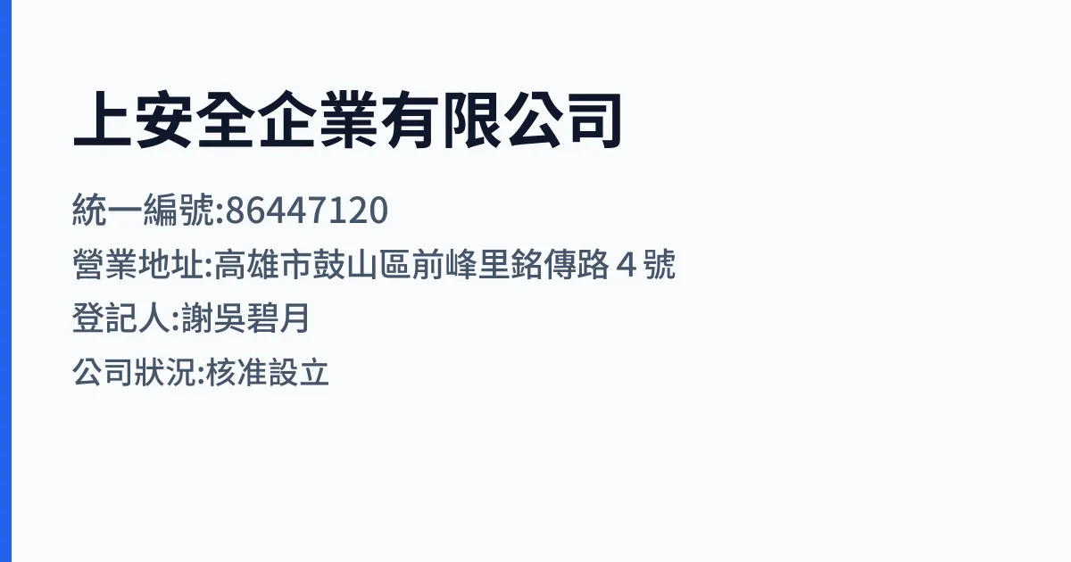 上安全企業有限公司 - 統編 86447120(高雄市) 公司登記資料與營業項目詳細圖表