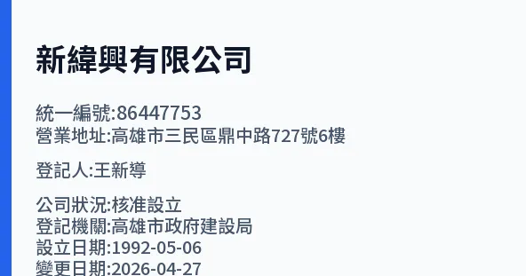 新緯興有限公司的照片-統編 86447753(高雄市) 公司登記資料與營業項目詳細圖表