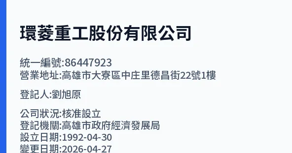 環菱重工股份有限公司的照片-統編 86447923(高雄市) 公司登記資料與營業項目詳細圖表
