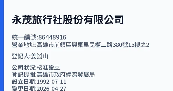 永茂旅行社股份有限公司的照片-統編 86448916(高雄市) 公司登記資料與營業項目詳細圖表