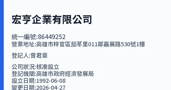 宏亨企業有限公司的照片-統編 86449252(高雄市) 公司登記資料與營業項目詳細圖表