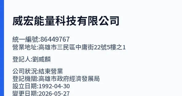 威宏能量科技有限公司的照片-統編 86449767(高雄市) 公司登記資料與營業項目詳細圖表