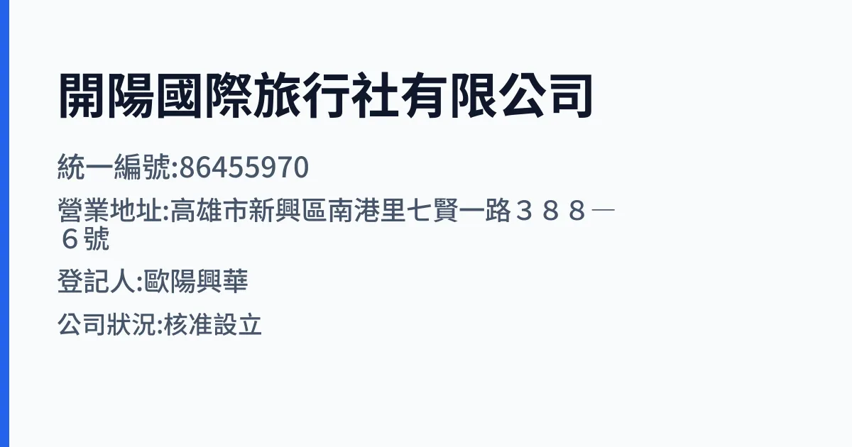 開陽國際旅行社有限公司 - 統編 86455970(高雄市) 公司登記資料與營業項目詳細圖表