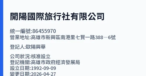 開陽國際旅行社有限公司的照片-統編 86455970(高雄市) 公司登記資料與營業項目詳細圖表