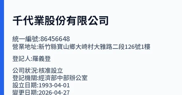 千代業股份有限公司的照片-統編 86456648(新竹縣) 公司登記資料與營業項目詳細圖表