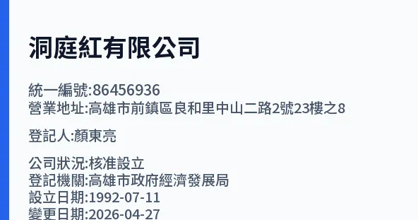 洞庭紅有限公司的照片-統編 86456936(高雄市) 公司登記資料與營業項目詳細圖表