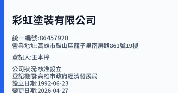 彩虹塗裝有限公司的照片-統編 86457920(高雄市) 公司登記資料與營業項目詳細圖表